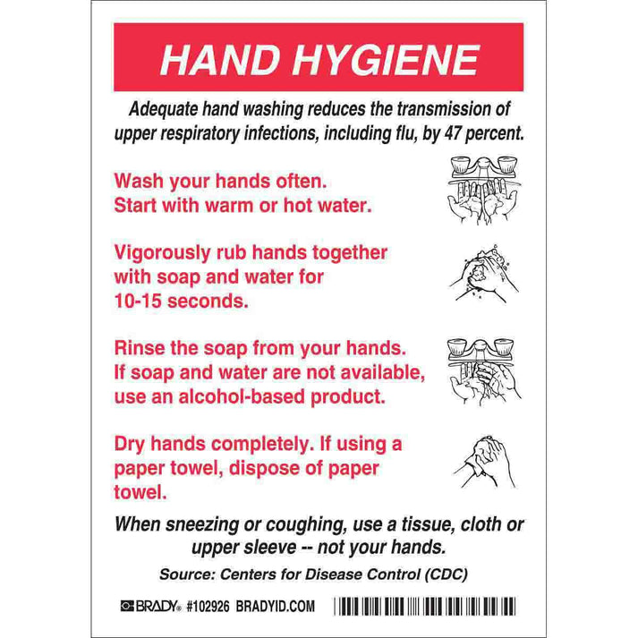HAND HYGIENE Sign, 7" H x 5" W x 0.004" D, Vinyl, Pack of 10 Each ...