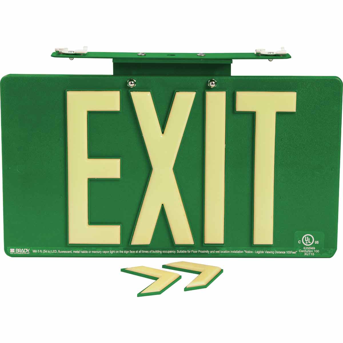 BradyGlo Exit Sign, Green, 9.5" H x 17.25" W x .25" D, Double Sided, T ...