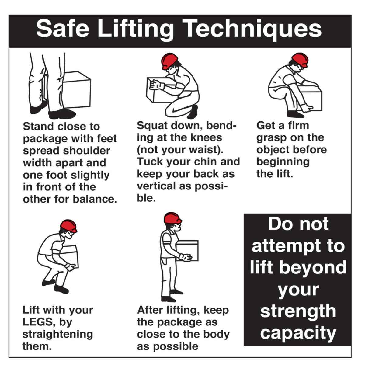 Safe Lifting Techniques Labels, 6" H x 6" W, Black/Red on White ...